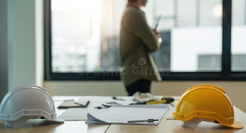 Engineer Working Wear Worker Helmets Hardhat on Construction Site Stock ...