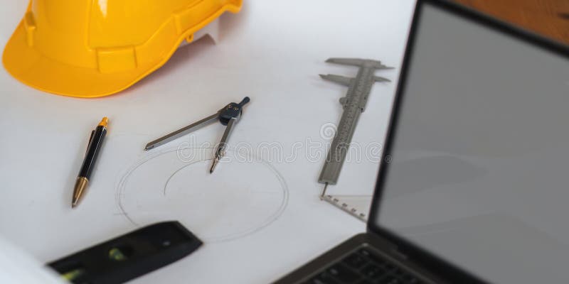 Engineer Workplace with Blueprints, Compass, Pen, Construction Level ...