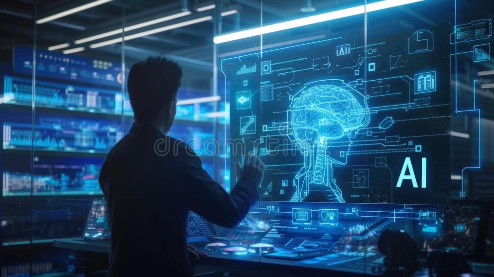 Engineer Works with Artificial Intelligence Control Panel in Dark Room. Futuristic Digital ...