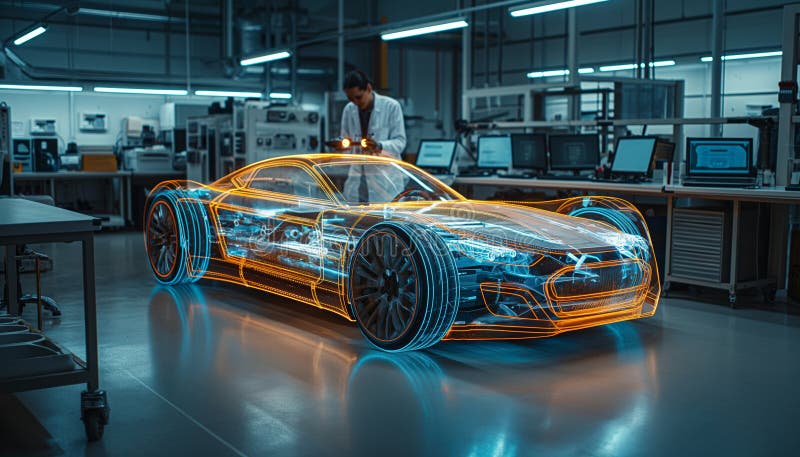 Engineer with Holographic Car Projection in Lab Stock Illustration ...