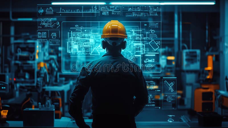 An Engineer Works with a Holographic Blueprint. Generative Ai Stock ...