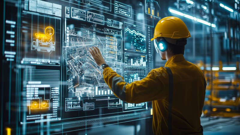 An Engineer Works with a Holographic Blueprint. Generative Ai Stock ...