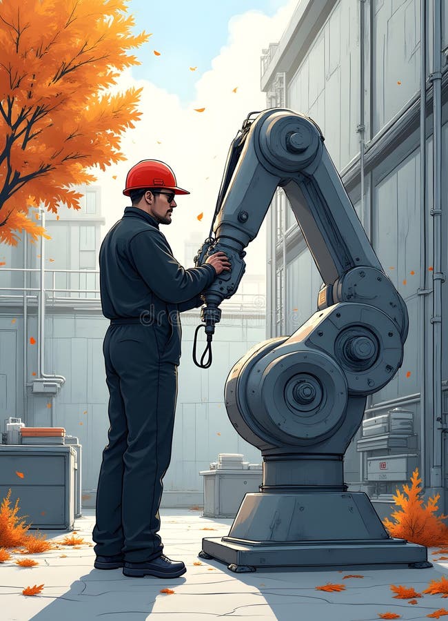 An Engineer Works on a Robotic Arm in an Industrial Environment Stock ...