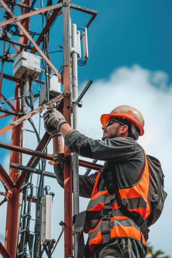 Engineer Works with a Telecommunication Tower. Stock Illustration ...