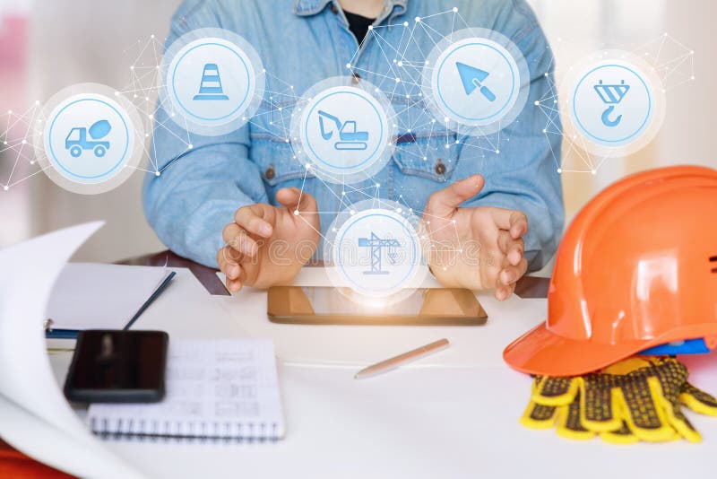 Engineer Works on a Virtual Screen with . Stock Image - Image of ...