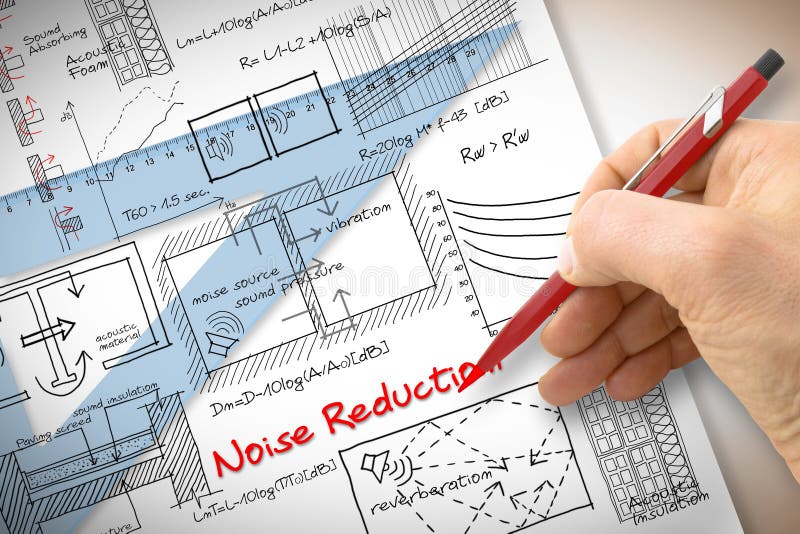 Engineer Writing Formulas about Noise Reduction in Buildings - Concept ... Engineer Writing Formulas about Noise Reduction in Buildings - Concept ...
