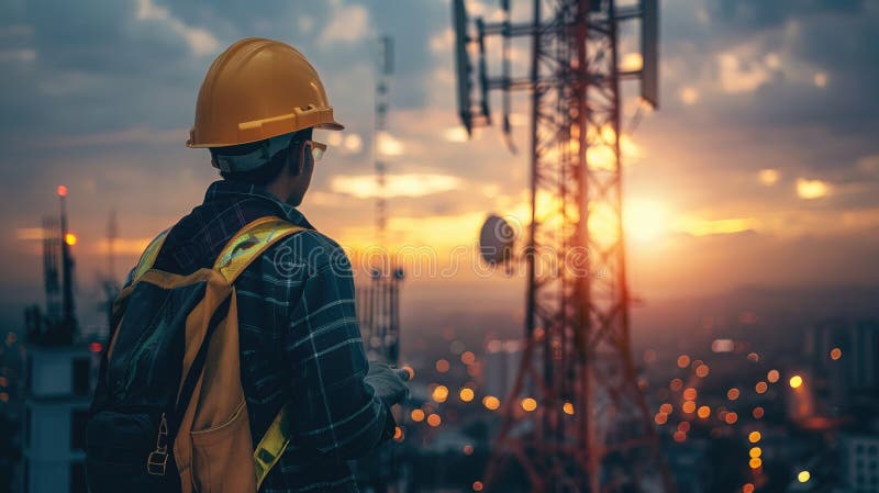 Engineer with Yellow Hard Hat Work at Cell Tower Background. Stock ...