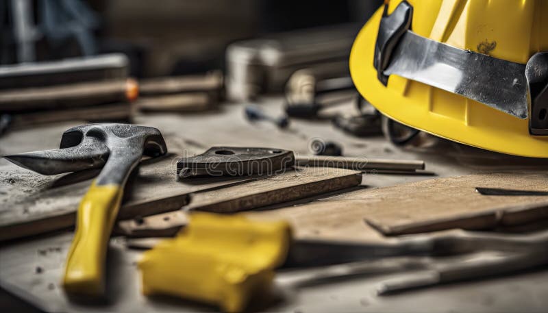 Yellow Helmet on the Table, Construction Equipments on the Table ...