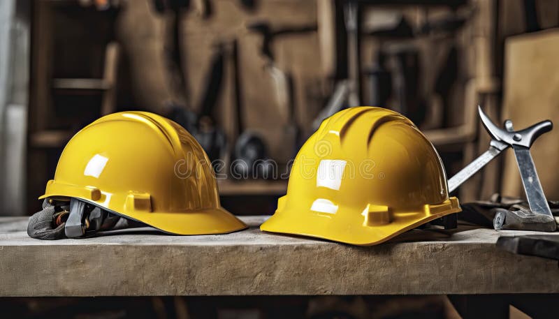 Yellow Helmet on the Table, Construction Equipments on the Table ...