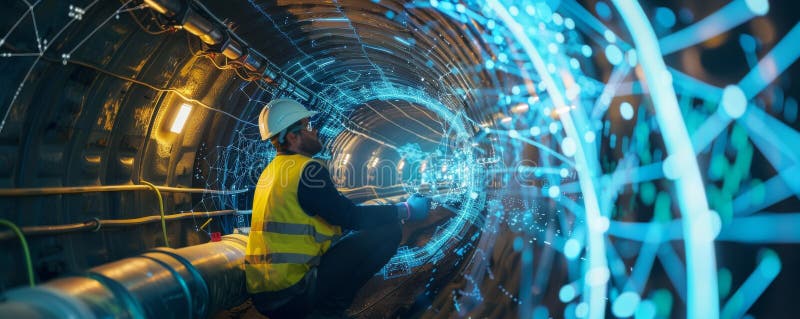 Engineer in Yellow Vest and Helmet Working Inside a Tunnel with ...