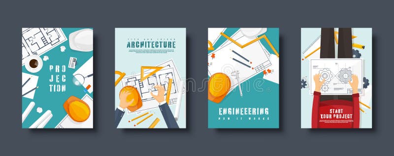 Engineering and Architecture Flat Style Covers Set. Drawing ...