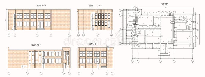 Architectural Plan of a Building Showing Facades on Four Sides ...