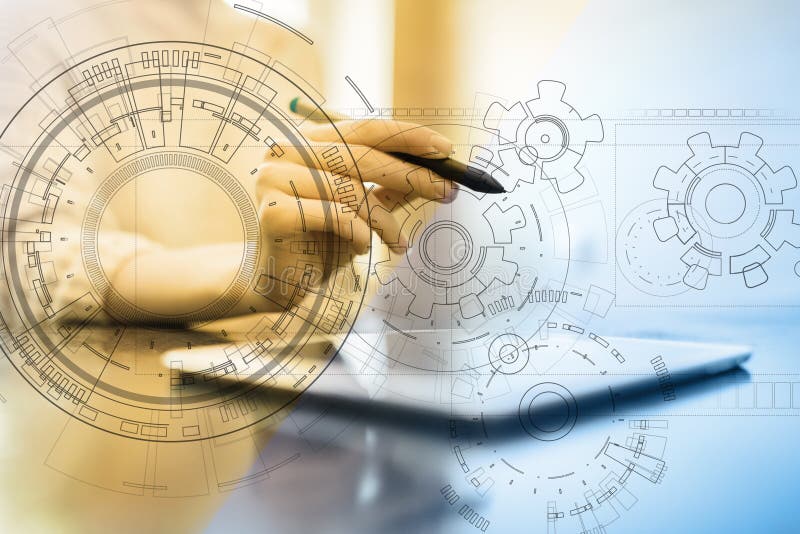 Engineering Background with Gears Draft on Virtual Screen. Business ...