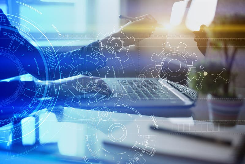 Engineering Background with Gears Draft on Virtual Screen. Business ...