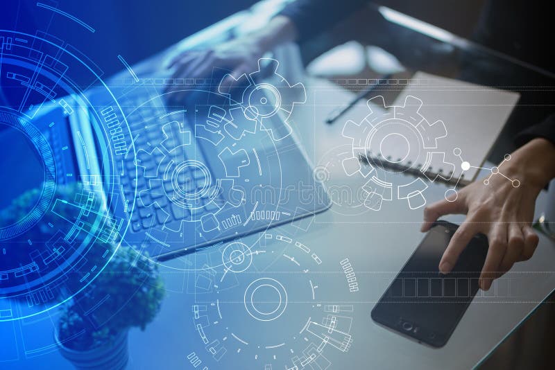 Engineering Background with Gears Draft on Virtual Screen. Business ...