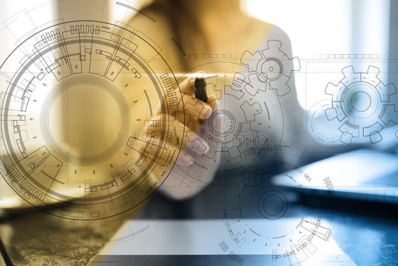 Engineering Background with Gears Draft on Virtual Screen. Business ...