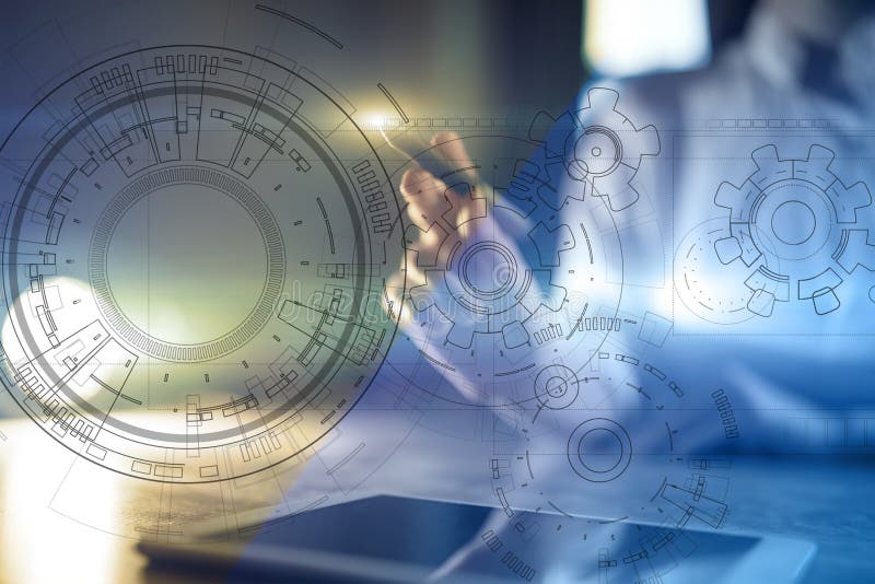 Engineering Background With Gears Draft On Virtual Screen. Business ...