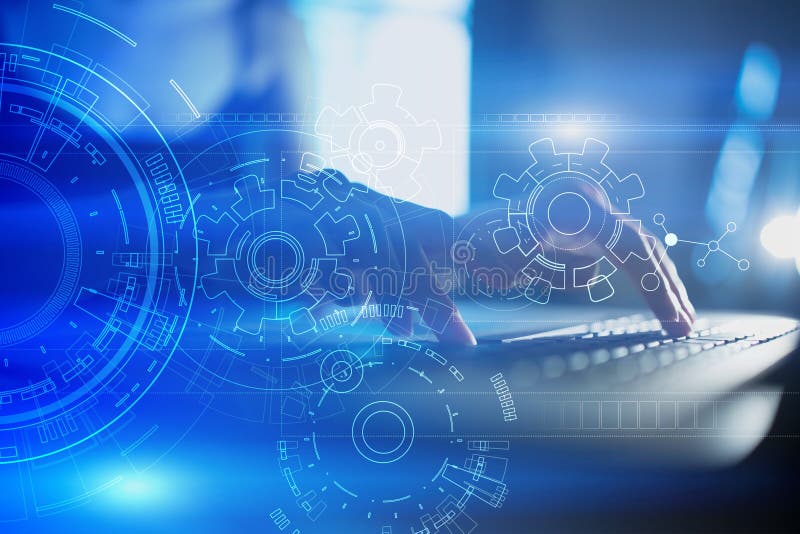 Engineering Background with Gears Draft on Virtual Screen. Business ...