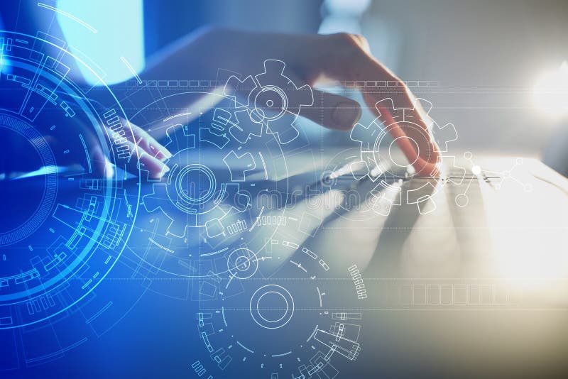 Engineering Background with Gears Draft on Virtual Screen. Business ...