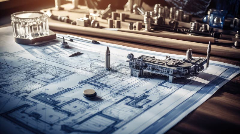 Engineering Blueprint on Desk Stock Illustration - Illustration of desk ...