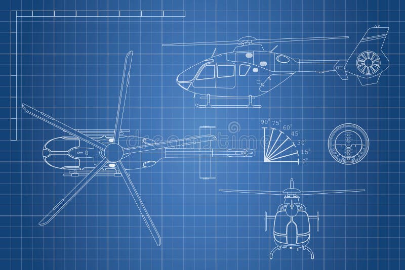 Engineering Blueprint of Helicopter. Helicopters View: Top, Side and ...