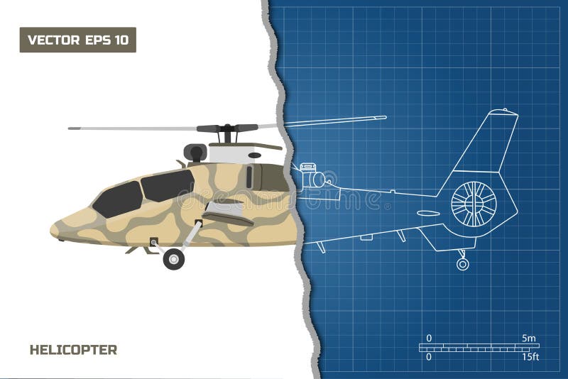 Engineering Blueprint of Military Helicopter. Helicopters View: Top ...