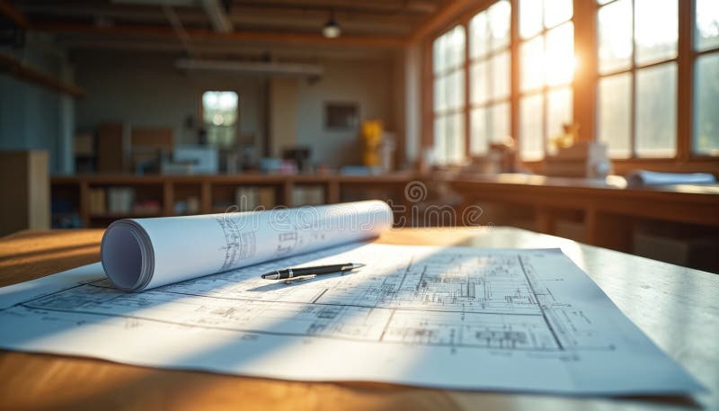 Engineering Blueprint Spread on Wooden Table Next To Pen. Architectural ...