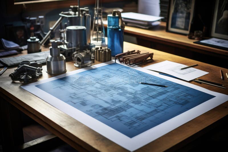 Engineering Blueprint with Steel Samples on a Desk Stock Image - Image ...