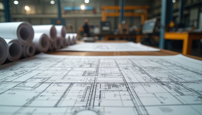Engineering Blueprints Lay on a Table in a Factory Setting. Rolls of ...