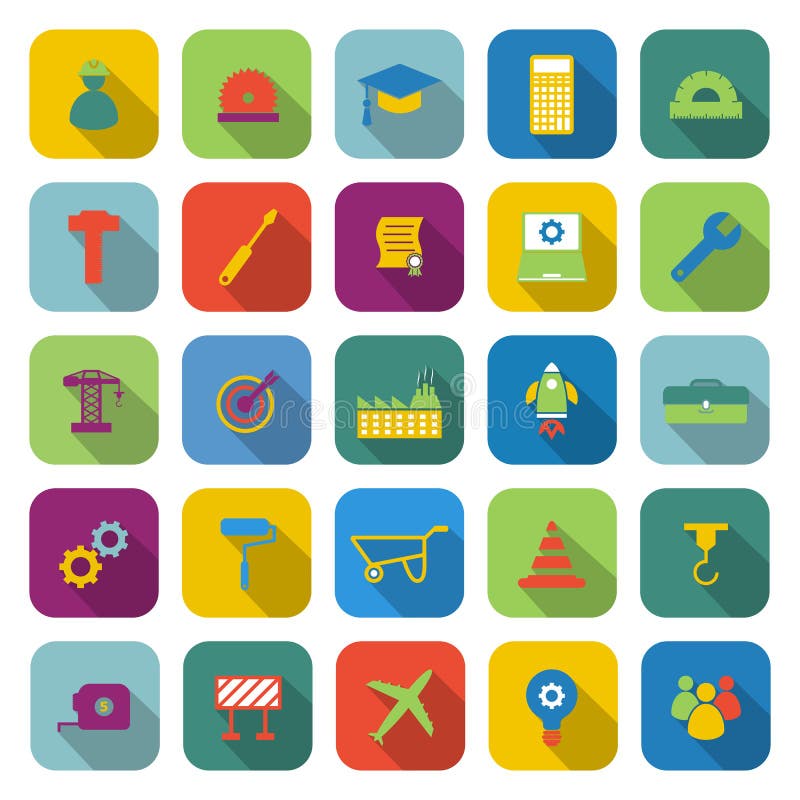 Engineering Color Icons with Long Shadow Stock Vector - Illustration of ...