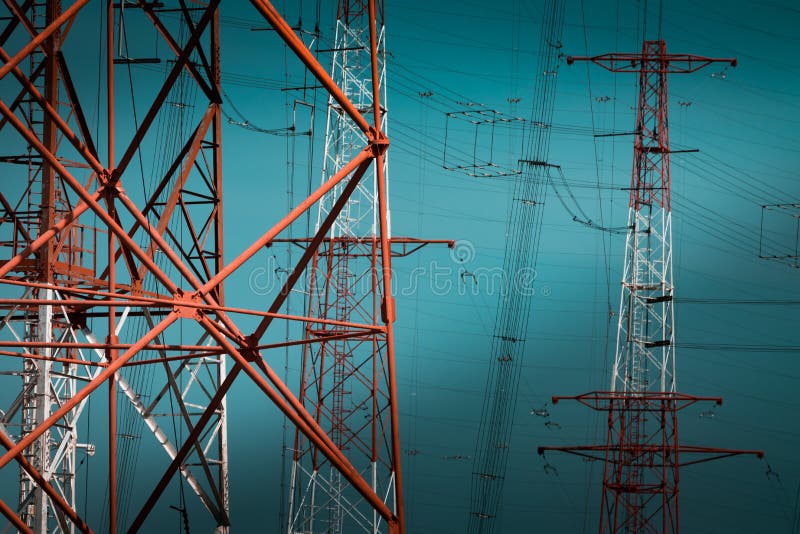 National Energy Grid System. Power Pylons Connecting the Country. Red ...