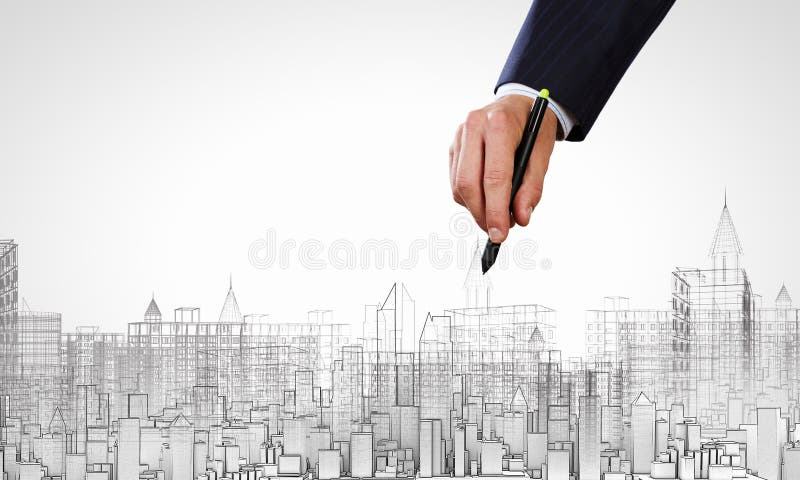 Asian Man and Drawing of Modern Building Construction on Black Stock ...
