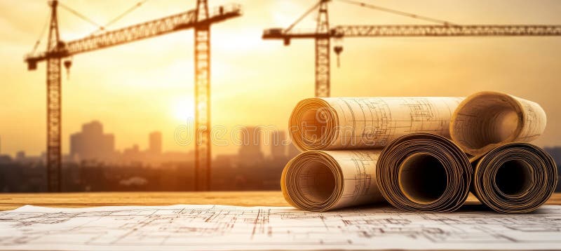Engineering Concept. Construction Sunset with Blueprints, Cranes Plans ...