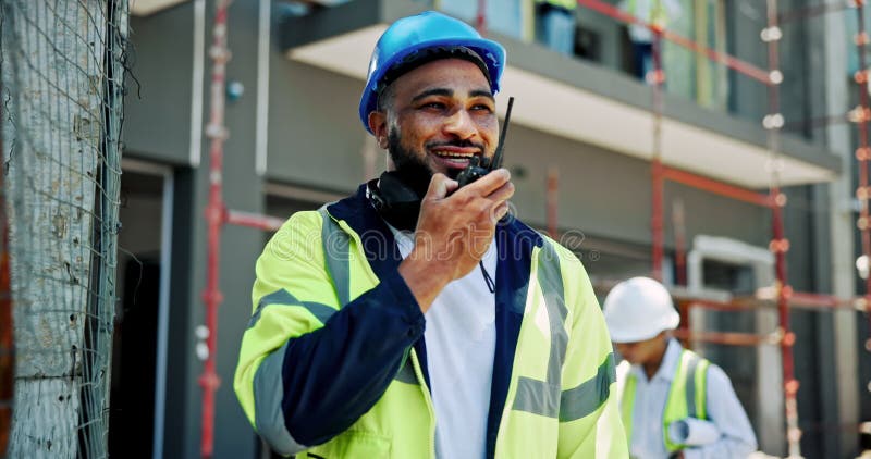Engineering, Construction Site and Man with Radio, Face and Project ...
