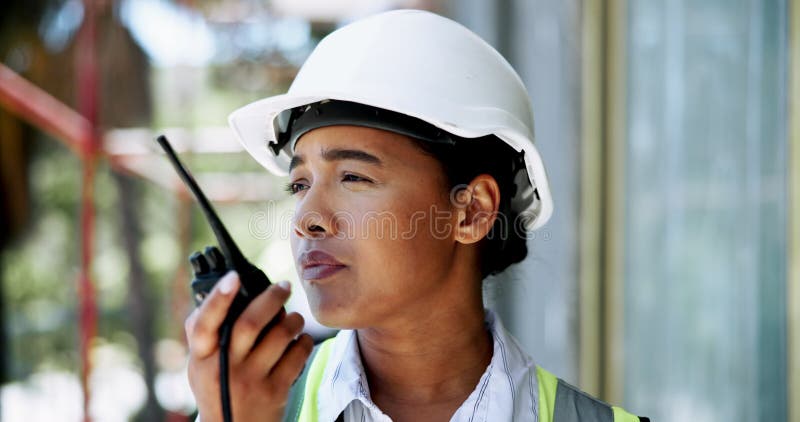 Engineering, Construction Site and Woman with Radio, Development and ...