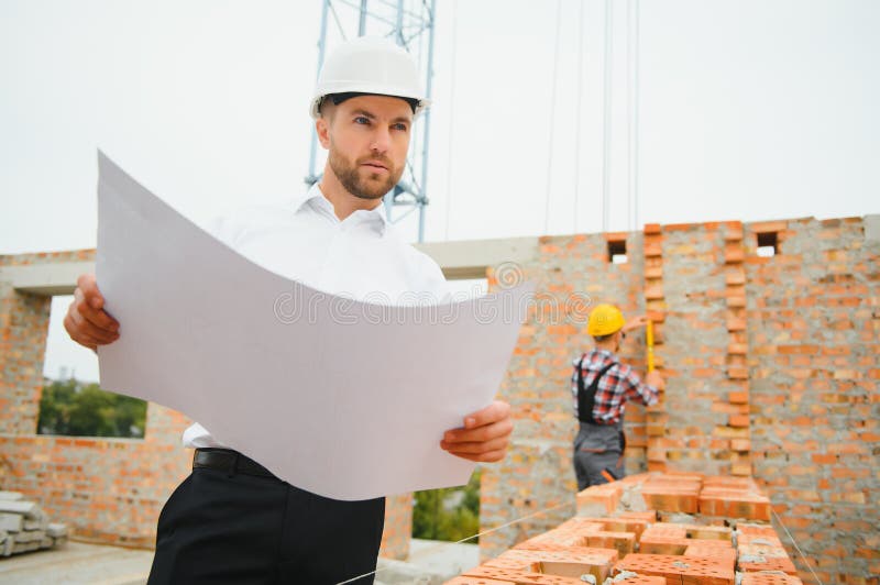 Engineering Consulting People on Construction Site Holding Blueprint in ...