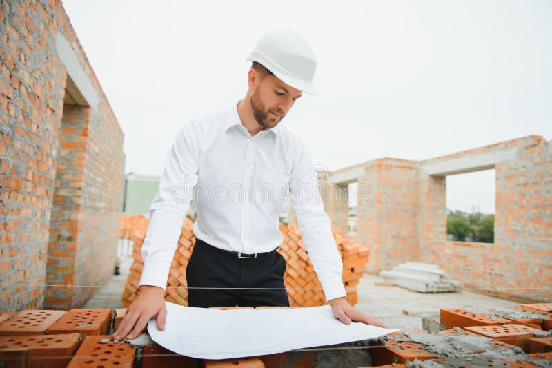 Engineering Consulting People on Construction Site Holding Blueprint in ...