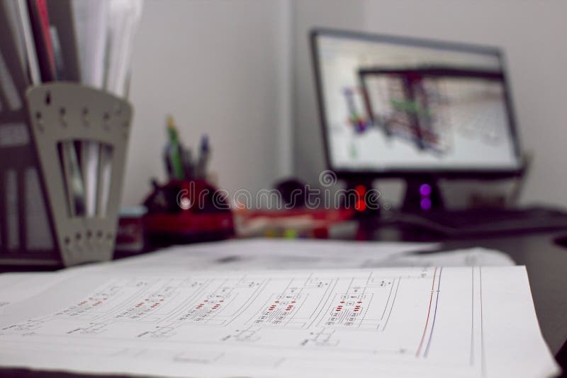 Engineering Drawing on the Background of a Computer with Engineering ...