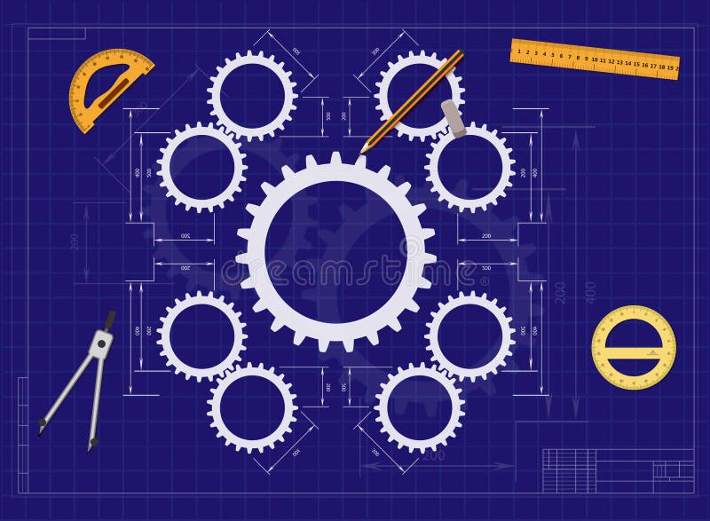 Engineering Drawing on a Blue Background and Tool Stock Vector ...