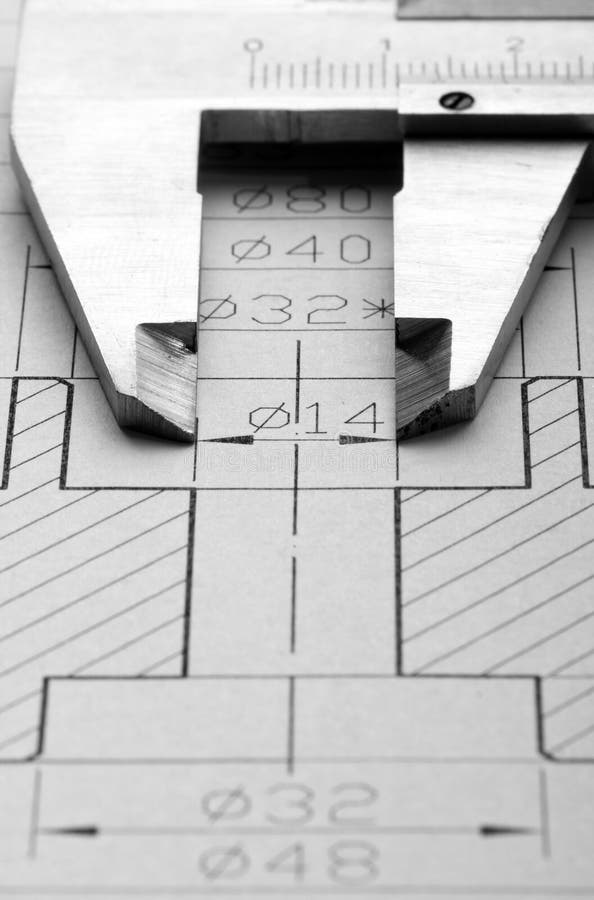 Engineering Drawing and Caliper Stock Photo - Image of drafting, design ...