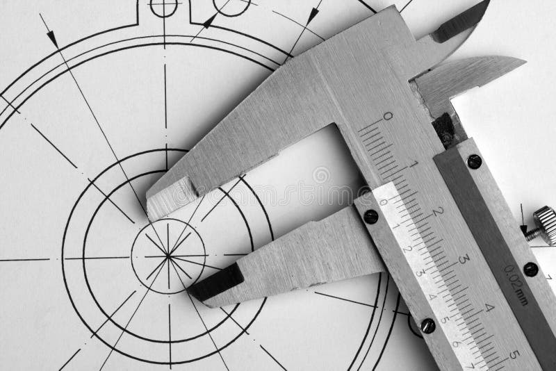 Engineering Drawing and Caliper Stock Photo - Image of drafting, design ...