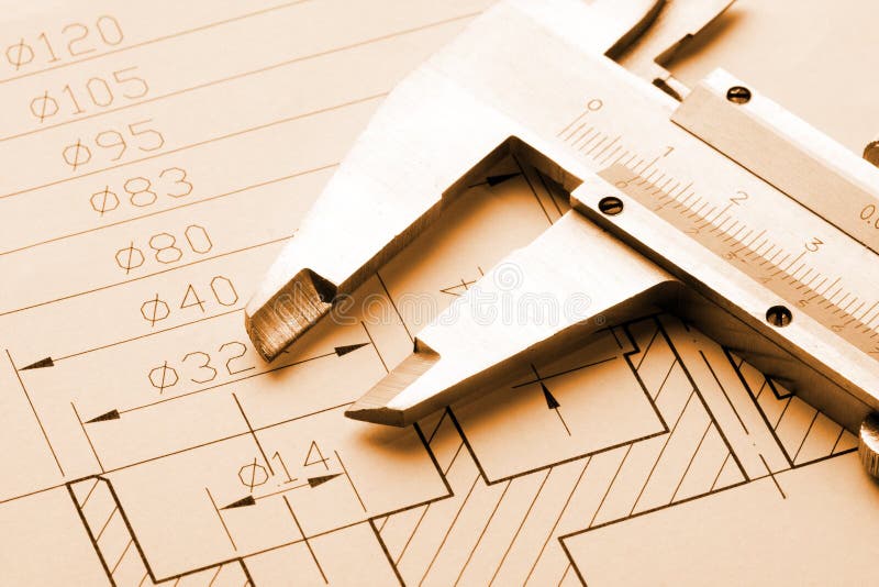 Engineering Drawing and Caliper Stock Photo - Image of drafting, design ...