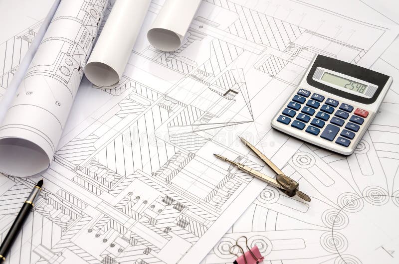 Engineering Drawing Compass Calculator Pen - Close Up Stock Photo ...