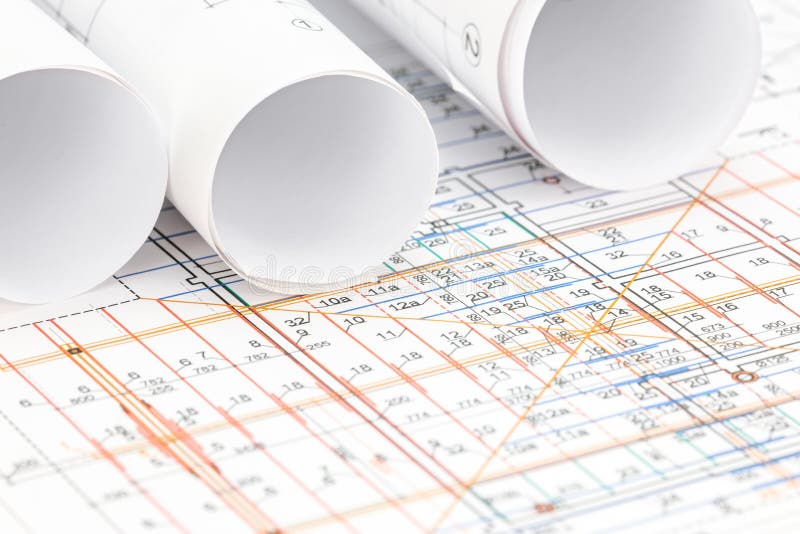 Technical Drawing and Rolls of Floor Plan Blueprints Stock Image ...