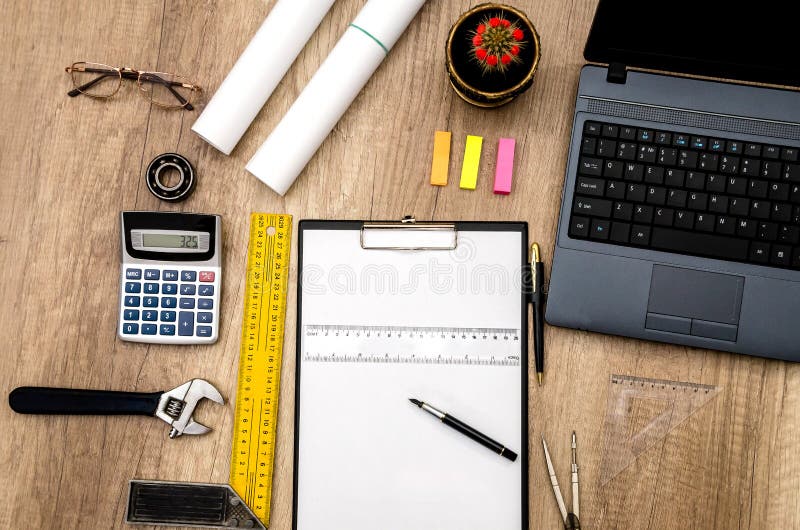 Engineering Drawing, Notebook, Folder, Calculator, Bearings Stock Photo ...