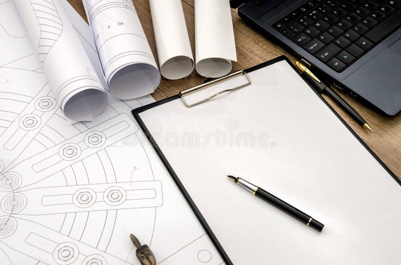 Engineering Drawing with a Tool on the Table Stock Image - Image of ...