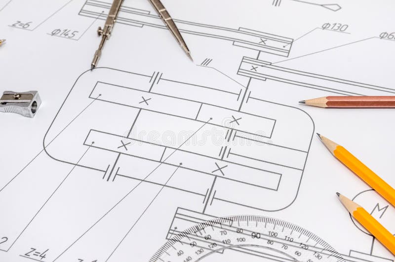 Engineering Drawing with Tools Stock Photo - Image of house, instrument ...