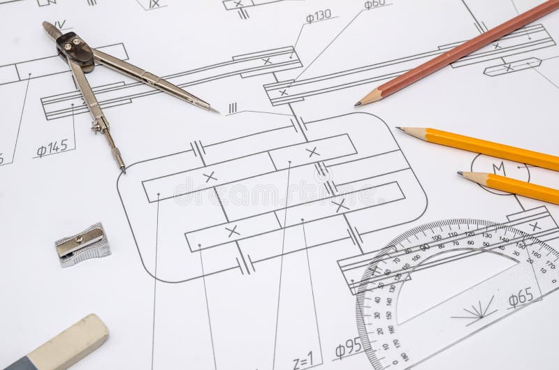Engineering Drawing with Tools Stock Image - Image of designer ...