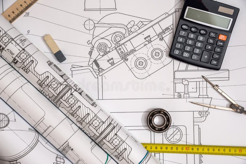 Engineering Drawing with Work Tools Stock Image - Image of blue ...