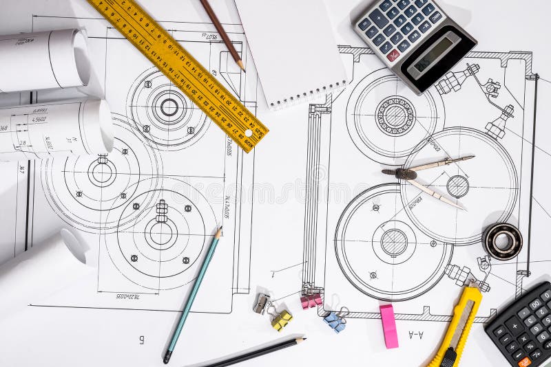 Engineering Drawings with Calculator, Ruler, Compass Stock Image ...